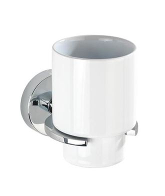 WENKO Vacuum-Loc Zahnputzbecher Capri, weißer Zahnbürstenhalter aus hochwertiger Keramik zur Wandmontage, Befestigung ohne Bohren, Becher-Halter aus rostfre