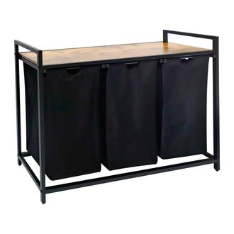 Relaxdays W&auml;schesammler mit 3 W&auml;sches&auml;cke, 150 L, Holzoptik Ablage, HBT: 73,5 x 109,5 x 33cm, W&auml;schekorb, schwarz/natur