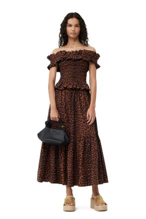 Ganni Jupe longue &agrave; volants en popeline de coton Beige Biologique - Taille 34 - Pour Femme