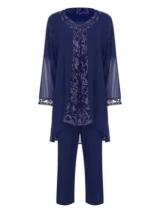 TiaoBug Ensemble Femme 3 Pi&egrave;ces Dentelle Pantalons Costume de Soir&eacute;e Cocktail Mariage C&eacute;r&eacute;monie Mousseline Bol&eacute;ro Cardigan Manches Longues D&eacute;bardeur Chic Tenu