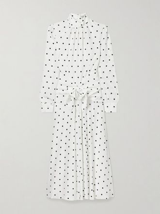 Alessandra Rich Midikleid Aus Seiden-georgette Mit Polka-dots, Schleife Und Raffungen - Weiß