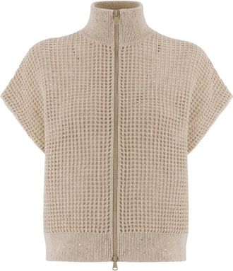 Brunello Cucinelli Femme, Pulls, Beige, Taille: 38 FR Cotton Net Cardigan