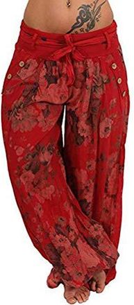ORANDESIGNE Femme Bloomers Sarouel Pantalon Fluide Taille Haute Harem Pants Dété Floral Imprimer Élastiquée Taille Yoga Sport Jogging Aladin Pantalon A Rouge L
