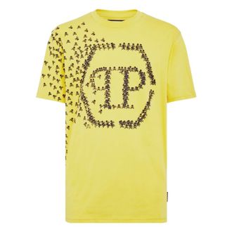 Philipp Plein Homme, Tops, Jaune, Taille: 4XL T-Shirt Col Rond T&ecirc;te de Mort