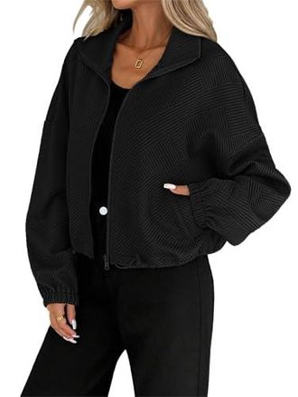 Generic Veste de baseball d&eacute;contract&eacute;e &agrave; revers pour femme avec col montant et poches &agrave; cordon de serrage pour lautomne et lhiver, Noir, XL