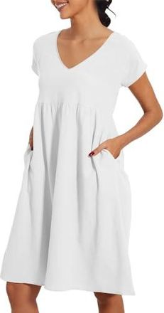 Generic Robe dété pour femme, longueur genou, robe en lin légère et fluide avec manches courtes, col en V, couleur unie, robe de plage trapèze avec poches, bl