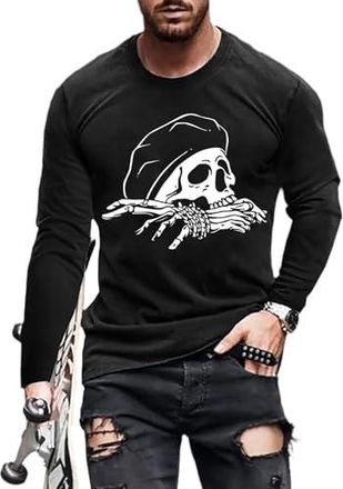 Generic T-shirts &agrave; motif t&ecirc;te de mort pour homme - Col rond imprim&eacute; cr&acirc;ne | T-shirt tendance coupe r&eacute;guli&egrave;re pour lautomne, Noir, 3XL