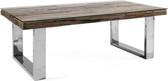 Les Tendances Table basse rectangulaire plateau bois massif recyclé et verre trempé sur pieds acier chromé Stany 100 cm 110 cm