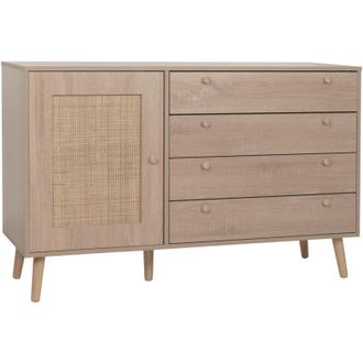 Hhg Sideboard HHG 221, Schrank Kommode Highboard, Schubladen Staufach, Kubu Rattan Holz Melamin, Eiche-Optik