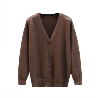 Generic Cardigan cor&eacute;en &agrave; col en V &agrave; manches longues &eacute;l&eacute;gant &agrave; simple boutonnage d&eacute;contract&eacute; pour femme, marron fonc&eacute;, Taille Unique