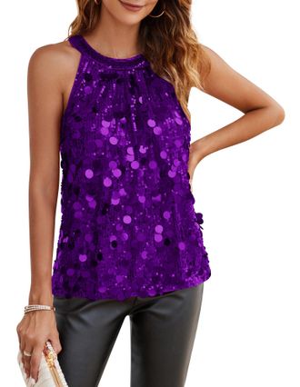 Grace Karin Damen Pailletten Oberteil Neckholder Bluse Elegant Rundhals Bluse Party Festlich Club Tops Ärmellose Lila L