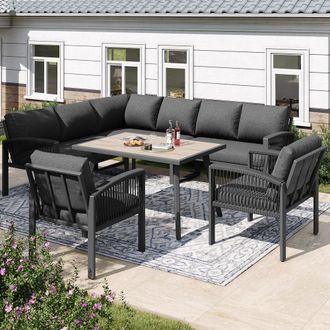 Merax Garten-Lounge-Set f&uuml;r 8 Personen - Outdoor M&ouml;belset mit gro&szlig;em Tisch in Holzoptik, Seil-Design, verzinktem Eisengestell, wetterfest, h&ouml;henverstellbare