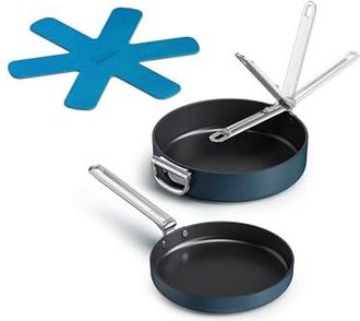 Joseph Joseph Space Ensemble de po&ecirc;les &agrave; frire antiadh&eacute;sives 2 pi&egrave;ces avec poign&eacute;es pliantes, protecteur de po&ecirc;le en feutre, compatible avec linduction