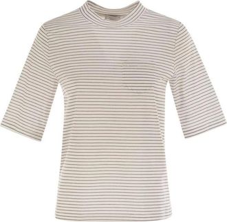 PESERICO Femme, Pulls, Blanc, Taille: 44 FR Haut &agrave; Col Montant Ray&eacute; avec Manches Coudes