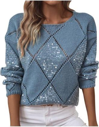 Onsoyours Pull Chaud Paillettes Femme Brillant Pulls Femme Chic et Elegant Hiver Haut de Soir&eacute;e &agrave; Paillettes Col Rond Manches Longues Pullover A Bleu XL