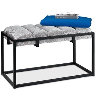 Relaxdays Banquette en velours, banc pour couloir rembourr&eacute;, HxLxP : 47x80x40 cm, m&eacute;tal, design &eacute;l&eacute;gant, gris/noir - Relaxdays