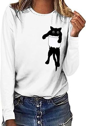 Onsoyours Femmes Dames Chat Impression T-Shirt &agrave; Manches Longues Tops Blouse Couleur Unie Col Rond Casual Haut L&acirc;Che &Eacute;L&eacute;gant Tee Shirt Tops Blanc 38