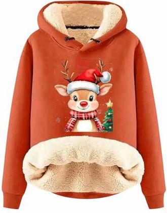 Generic Sweat &agrave; capuche &agrave; manches longues en polaire avec imprim&eacute; sapin de No&euml;l, Orange, XXL