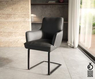 DELIFE Freischwinger Heira-Flex mit Armlehnen Echt-Leder Schwarz Freischwinger flach Schwarz Taschenfederkern, Esszimmerst&uuml;hle