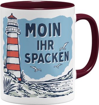 OM3 lustige Kaffee-Tasse mit Spruch - Moin Ihr Spacken - Slogan Leuchtturm Meer K&uuml;ste - Keramik Becher - 11oz 325ml - Beidseitig Bedruckt - Bordeaux