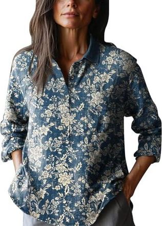 Generico Chemise Femme &Eacute;l&eacute;gant &agrave; Manches Longues Chemises en Lin Coton Curvy Grande Taille T Shirt Col en V Doux Blouse Vintage Imprim&eacute; avec Boutons Classique 