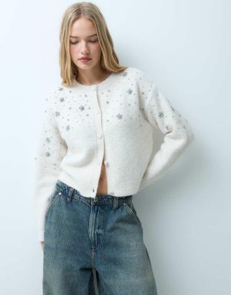 Miss Selfridge gilet ornement&eacute; boutonn&eacute; sur toute la longueur avec d&eacute;tails de poches en cr&egrave;me-Blanc