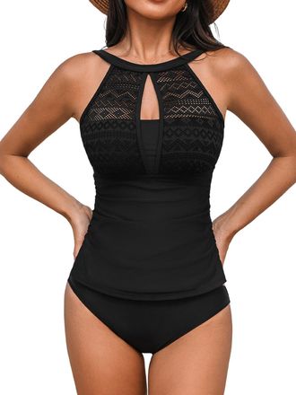 Cupshe Damen Tankini Set High Neck Spitzen Cutouts Bandeau Bauchweg Raffung Mid Waist Bademode Zweiteiliger Badeanzug Schwarz M