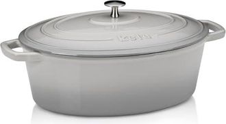 KELA Bräter Gusseisen oval 6 Liter, Dutch Oven CALIDO, Induktion Gussbräter mit Deckel, Gusseisen Topf Brot backen, emailliert, hellgrau
