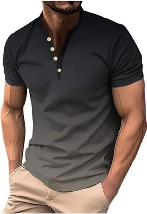 Generic Chemise Henley l&eacute;g&egrave;re et d&eacute;contract&eacute;e pour homme - Classique - Respirant - Extensible - Coupe ajust&eacute;e - Bouton confortable - Manches courtes - Pour le