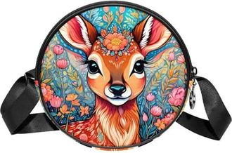 Generic Sac &agrave; bandouli&egrave;re rond pour femme, petit sac &agrave; bandouli&egrave;re avec fermeture &eacute;clair, bretelles r&eacute;glables, style d&eacute;contract&eacute;, motif cerf