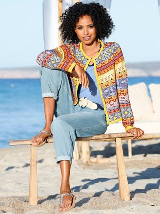 Heine Strickjacke HEINE, Damen, Gr. 36, bunt (limone, eisblau, gemustert), 50% Baumwolle, 50% Polyacryl, gemustert, mehrfarbig, Strickjacken Strickjacke, To