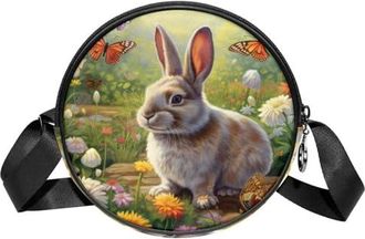 Generic Petit sac &agrave; bandouli&egrave;re circulaire pour femme, motif floral, lapin, sac &agrave; dos &agrave; bandouli&egrave;re avec fermeture &eacute;clair, bretelles r&eacute;glables, sac &agrave; main ron
