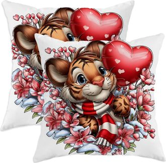 Generic Tiger-Cartoon, Verspieltes Herz, Blumen, Rot Dekokissenbezug Atmungsaktiv Kissenbezug Quadratische Kissenh&uuml;llen F&uuml;r Balkon Sofa Schlafzimmer 45X45Cm 2
