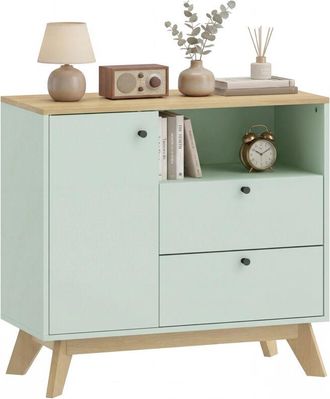 HOMCOM Buffet salon - HOMCOM - porte, 2 tiroirs, compartiment ouvert et &eacute;tag&egrave;re r&eacute;glable - MDF - 80 x 35 x 76,3 cm - vert clair et ch&ecirc;ne