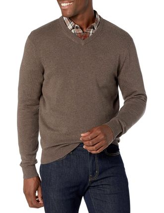 Amazon Essentials Herren V-Ausschnitt Pullover 100% Baumwolle Regular Fit (Erh&auml;ltlich In Gro&szlig; und Schwer), Braunheide, M