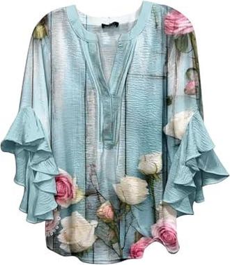 Generic T-shirt pour femme - Col en V - Manches &agrave; volants - Imprim&eacute; floral - L&eacute;ger et respirant - Haut fluide - D&eacute;contract&eacute; - T-shirt de loisirs pour femme, b