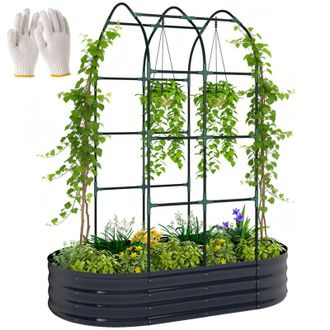 OUTSUNNY Jardini&egrave;re avec treillis - Outsunny - fond ouvert, gants inclus - m&eacute;tal - 160x90x180cm - gris fonc&eacute;