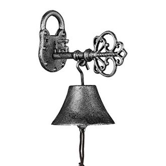 Relaxdays T&uuml;rglocke Gusseisen, antikes Design, Gartenglocke Schl&uuml;ssel, mit Kordel, Glocke f&uuml;r drau&szlig;en, schwarz/Silber