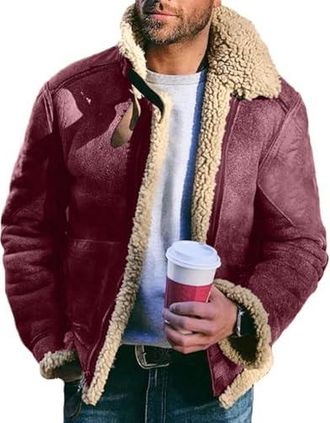 ORANDESIGNE Blousons Homme Hiver Zippé Manteau en Polaire Chaud Coupe-Vent Moto Rétro Manteaux Veste Chaud Épais Blousons de Bombardier A Rouge XS