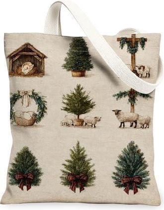 Generic Sacs fourre-tout en toile rustique, motif arbre vintage et animal, sacs d&eacute;picerie r&eacute;utilisables, lin de vacances, l&eacute;ger, lavable, beige, 13x15 Inch