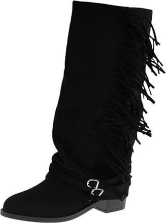 Generic Bottes montantes larges pour femme - Style d&eacute;contract&eacute; - Avec pompons - Couleur unie - Talon &eacute;pais - Pliss&eacute;es - &Eacute;l&eacute;gantes et confortables - Pour lauto