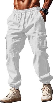 Generic Pantalon chino cargo en lin pour homme - L&eacute;ger - Blanc - Pantalon de jogging - Pantalon de loisirs - Pantalon d&eacute;t&eacute; pour le yoga - Avec poches - Pantal