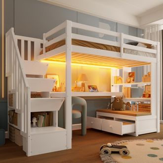 Generic Hochbett 90x200cm Wei&szlig; Stauraumbett Schreibtisch LED Treppe Massivholzbett Schubladen Multifunktionsbett f&uuml;r Schlafzimmer G&auml;stezimmer Erwachsene Home 