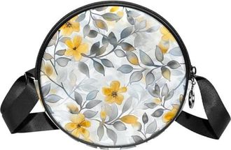 Generic Petit sac &agrave; bandouli&egrave;re circulaire pour femme, motif feuilles florales, sac &agrave; dos avec fermeture &eacute;clair, bretelles r&eacute;glables, sac &agrave; main rond d&eacute;contra