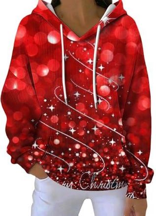 Generic Sweat à capuche de Noël ample pour femme - Sweat-shirt de Noël mignon - Imprimé Père Noël - Pull ample décontracté à manches longues pour entraînement