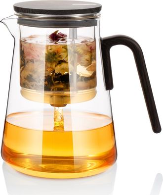 Zens Magic Teekanne Glas mit Sieb, Teezubereiter für Losen Tee mit Magnet Sauger-Deckel, 1000ml Tea Maker for Tee Zubereitung, Teapot Griff aus Schwarznuss