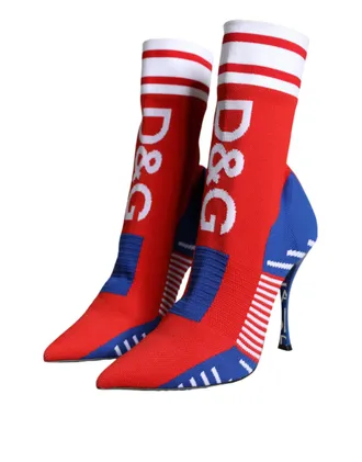Dolce & Gabbana Womens Red Blue Stretch Sock Style Ankle Boots Logo Shoes Polyester Leather