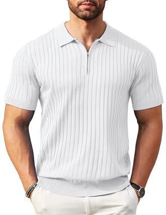 Coofandy Coofandy Polo &agrave; Manches Courtes avec Fermeture &eacute;clair pour Homme, en Tricot c&ocirc;tel&eacute; Tendance et d&eacute;contract&eacute;, Blanc, Taille L