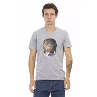 Trussardi Homme, Tops, Gris, Taille: M T-shirt classique col V avec impression frontale