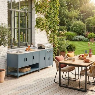 Sweeek Cuisine ext&eacute;rieure Naxos 2 modules acier inoxydable bleu gris barbecue gaz 3 br&ucirc;leurs avec &eacute;vier